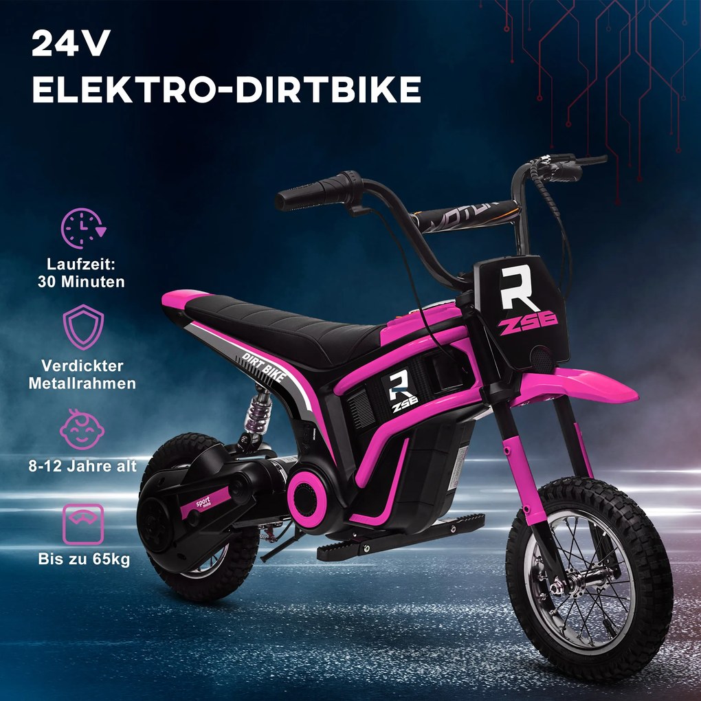 Elektrická motorka pro děti, 24V dětská motorka s klaksonem, světlem, s otočnou rukojetí plynu, 8-16 km/h, 8-12 let, růžová