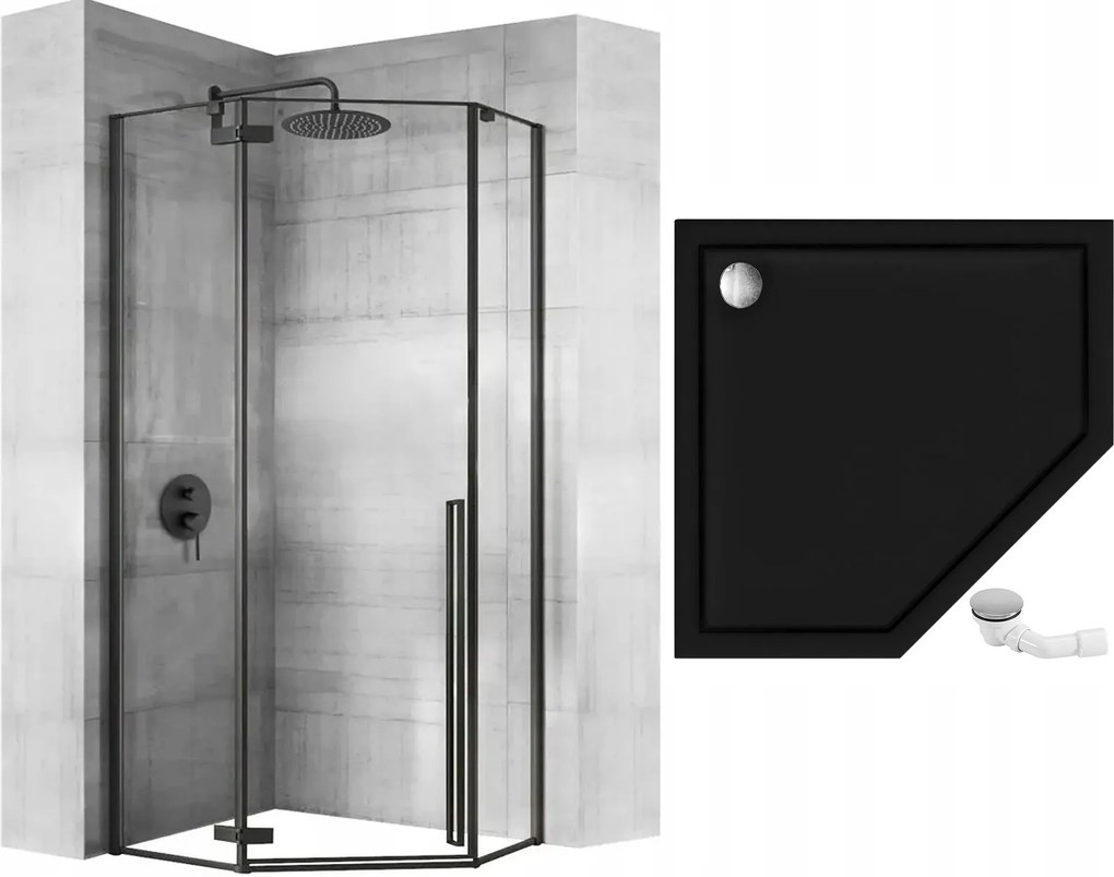 Rea - DIAMOND BLACK pětiúhelníkový sprchový kout 90 x 90 cm, černý matný, čiré sklo, REA-K5622