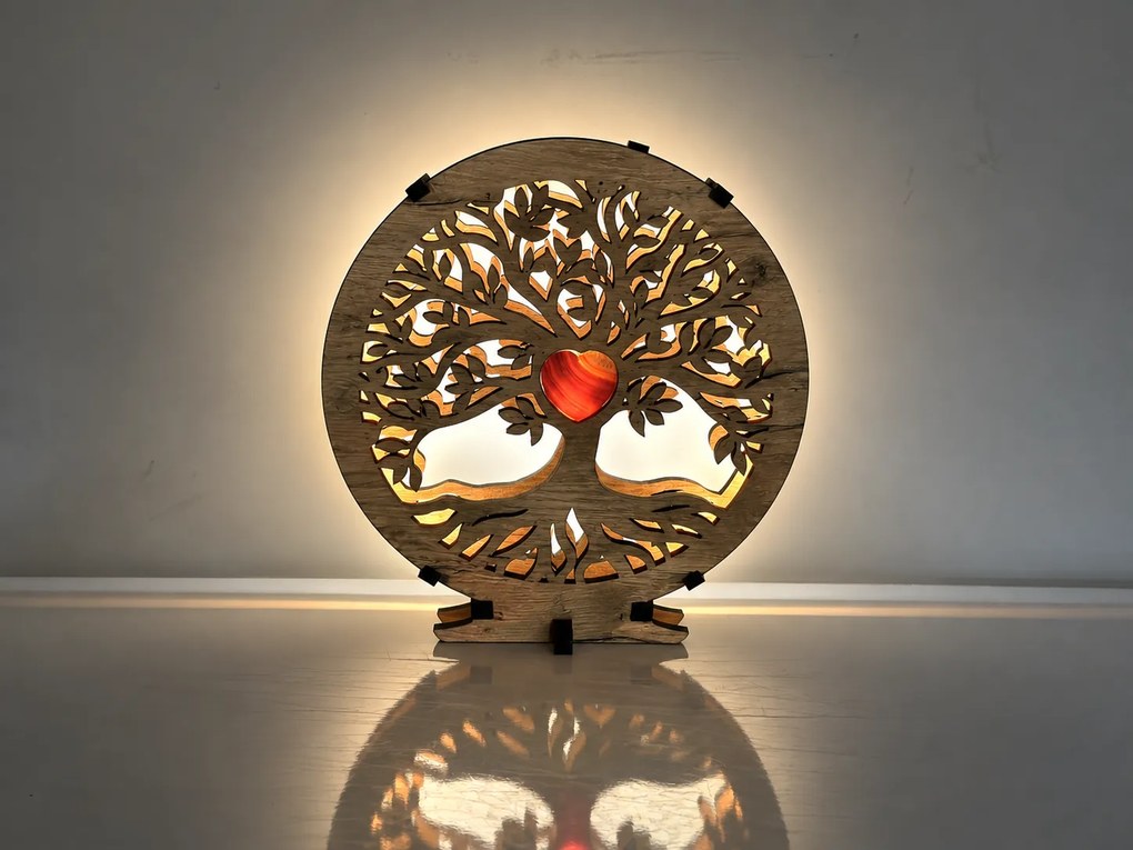Li-Go "Strom života s achátovým srdcem" dřevěná lampa s dvojitým podsvícením  20x22 cm/dub provedení povrchu: bříza