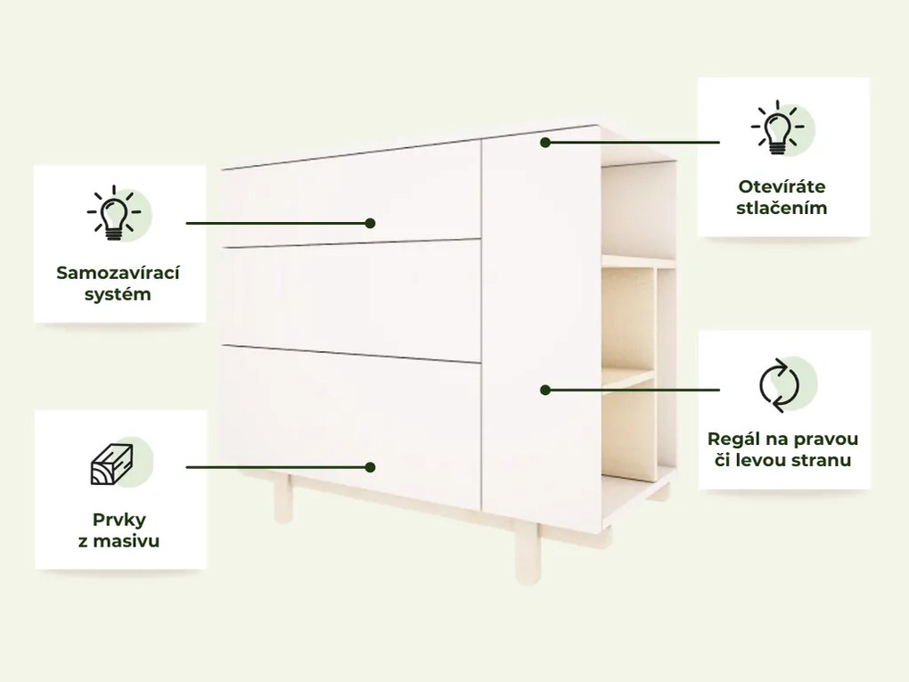 Wood Luck Dětská komoda se třemi šuplíky a otevřeným regálem BASIC bílá