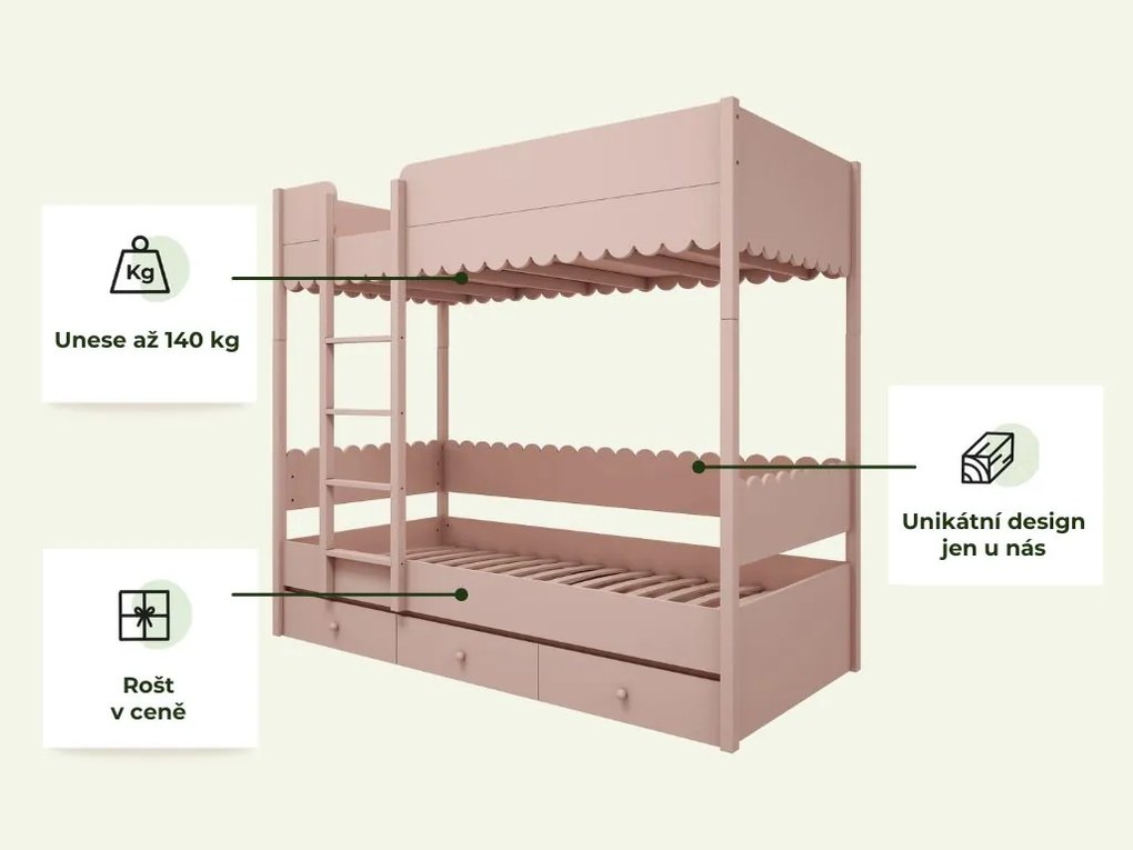 Dětská patrová postel BABUSHKA se žebříkem vlevo 90x200 cm Zvolte barvu: Olivová