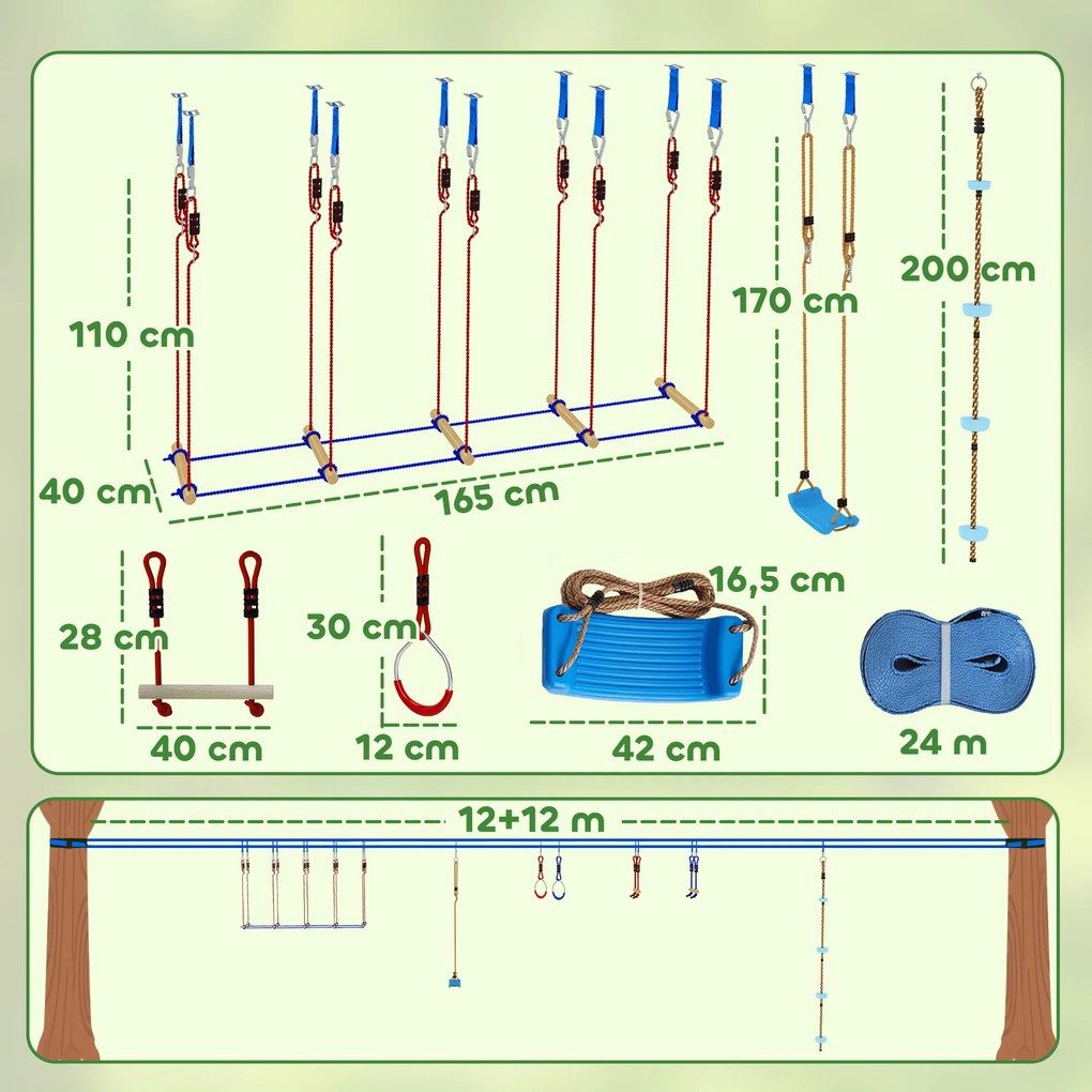 Ninja Line dětská 24m slackline sada s gymnastickými kruhy 7 překážek šplhací tyč balanční most pro 3-6 let červená+modrá