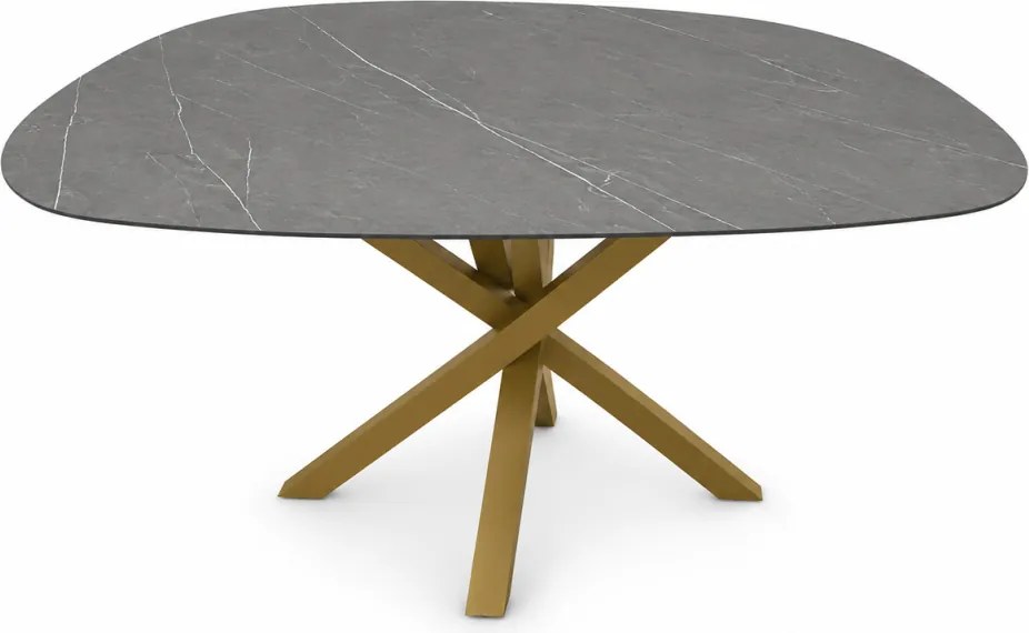 Jídelní stůl ROYAL GRIGIO – 230 × 130 cm, keramická deska 24 mm Shark Nose, zlatá podnož VALETTA M