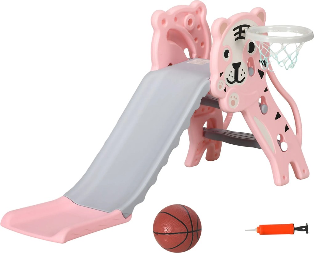 AIYAPLAY 3v1 Dětská skluzavka pro děti ve věku 18 až 36 měsíců se 2 schody, 1 basketballovým košem a zvířecím vzorem pro vnitřní použití 133x60x70 cm