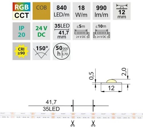 LED pásek McLED 24V COB RGB+CCT 840LED/m 18W/m CRI90 12mm ML-128.016.90.2