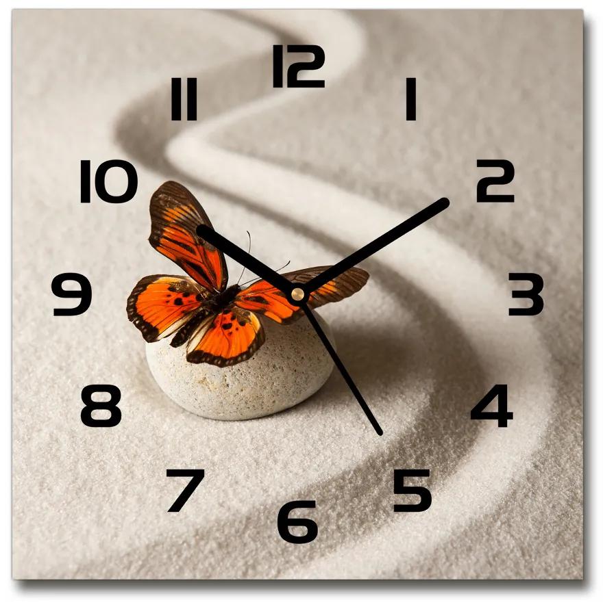 Wallmuralia Skleněné hodiny čtverec Kámen zen a motýl 30x30 cm