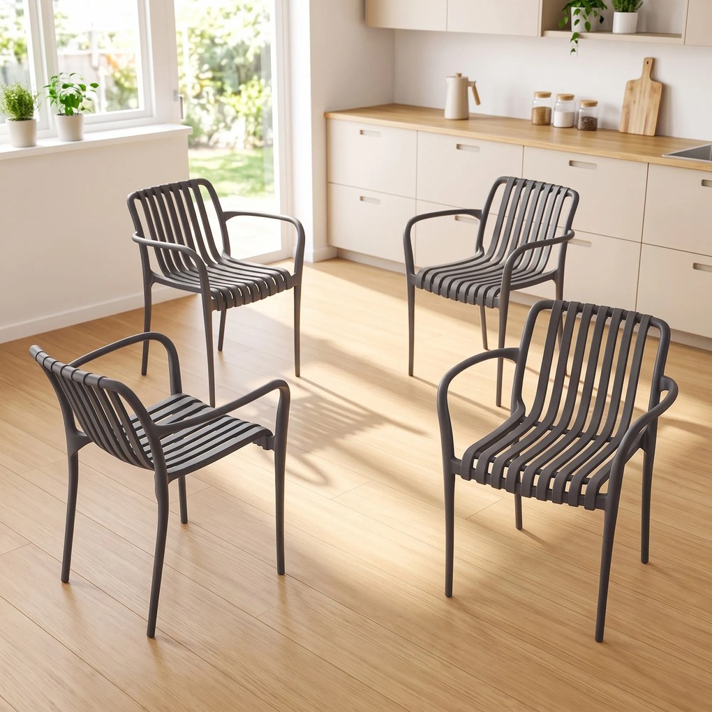 Outsunny 4dílné skládací zahradní židle – žebernatý sedák s područkami, ergonomické, nosnost 120 kg, tmavě šedé