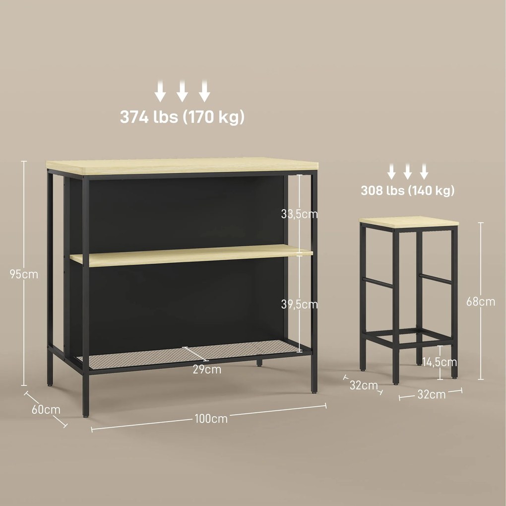 HOMCOM Barový set 3-dílný kuchyňský stůl se 2 barovými židlemi a 2 policemi, moderní jídelní set z oceli a dubu