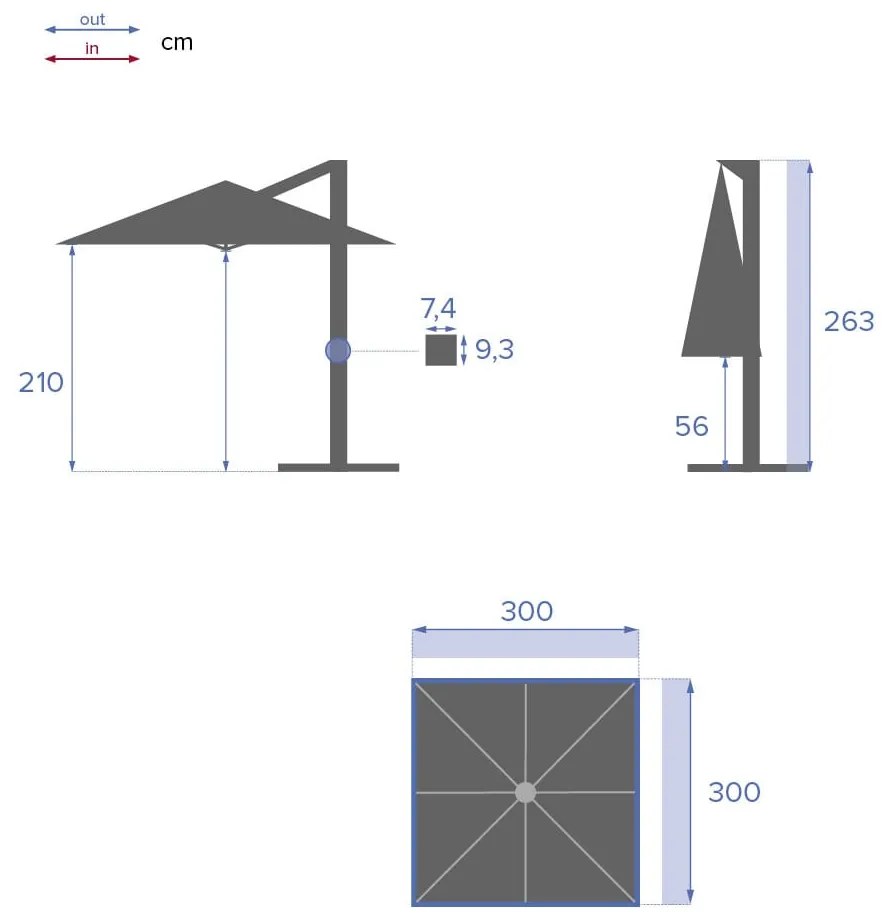 Čtvercový modrý zahradní slunečník Elea - 3x3 m