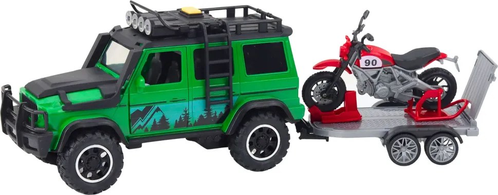 LEAN Toys Sada terénního auta s odtahovým vozem a motorkou, světla a zvuky, zelená