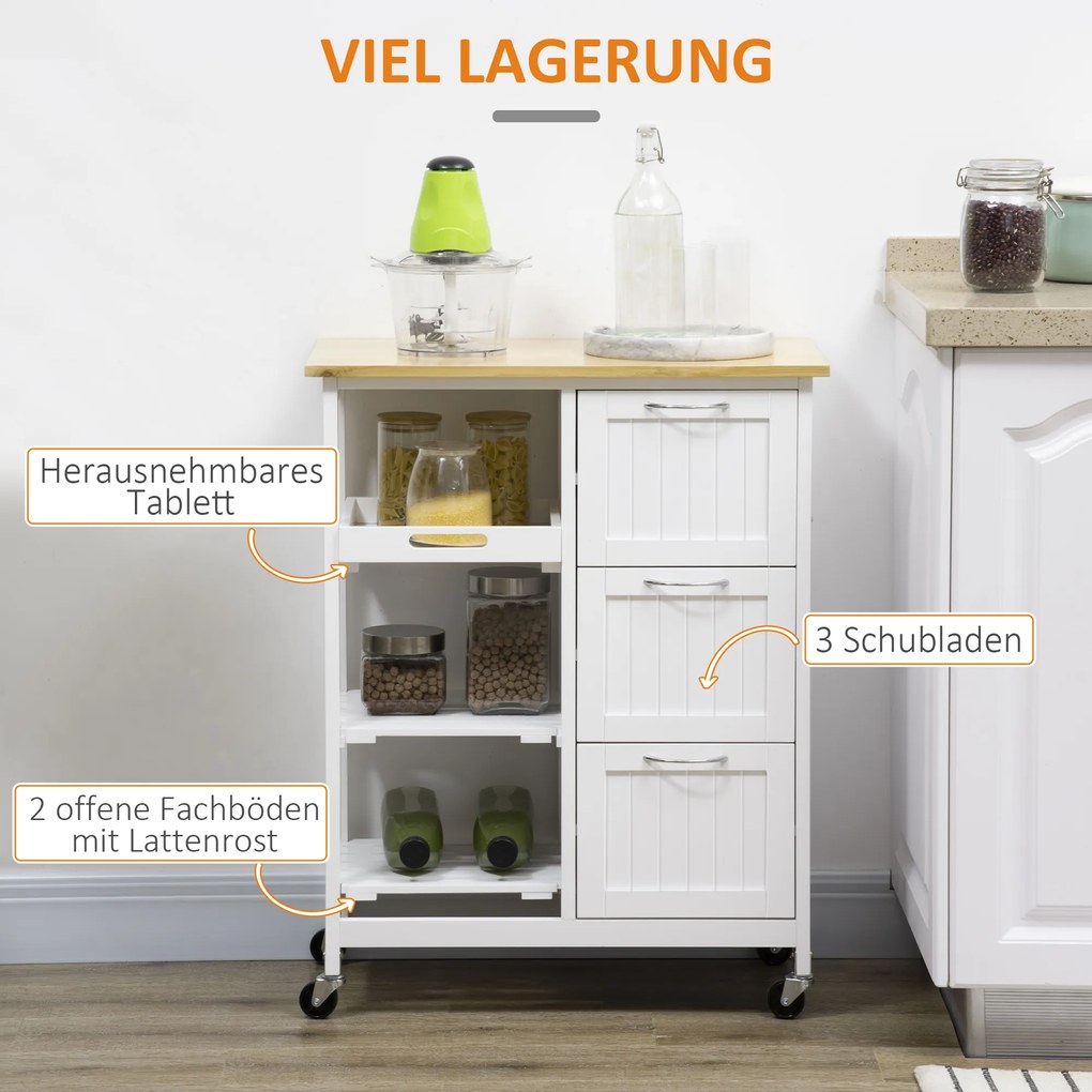 HOMCOM Kuchyňský vozík, servírovací vozík se 3 zásuvkami, 3 úrovně, pracovní deska, kuchyňský vozík, úložný vozík, bílý, 67 x 37 x 85 cm| Aosom