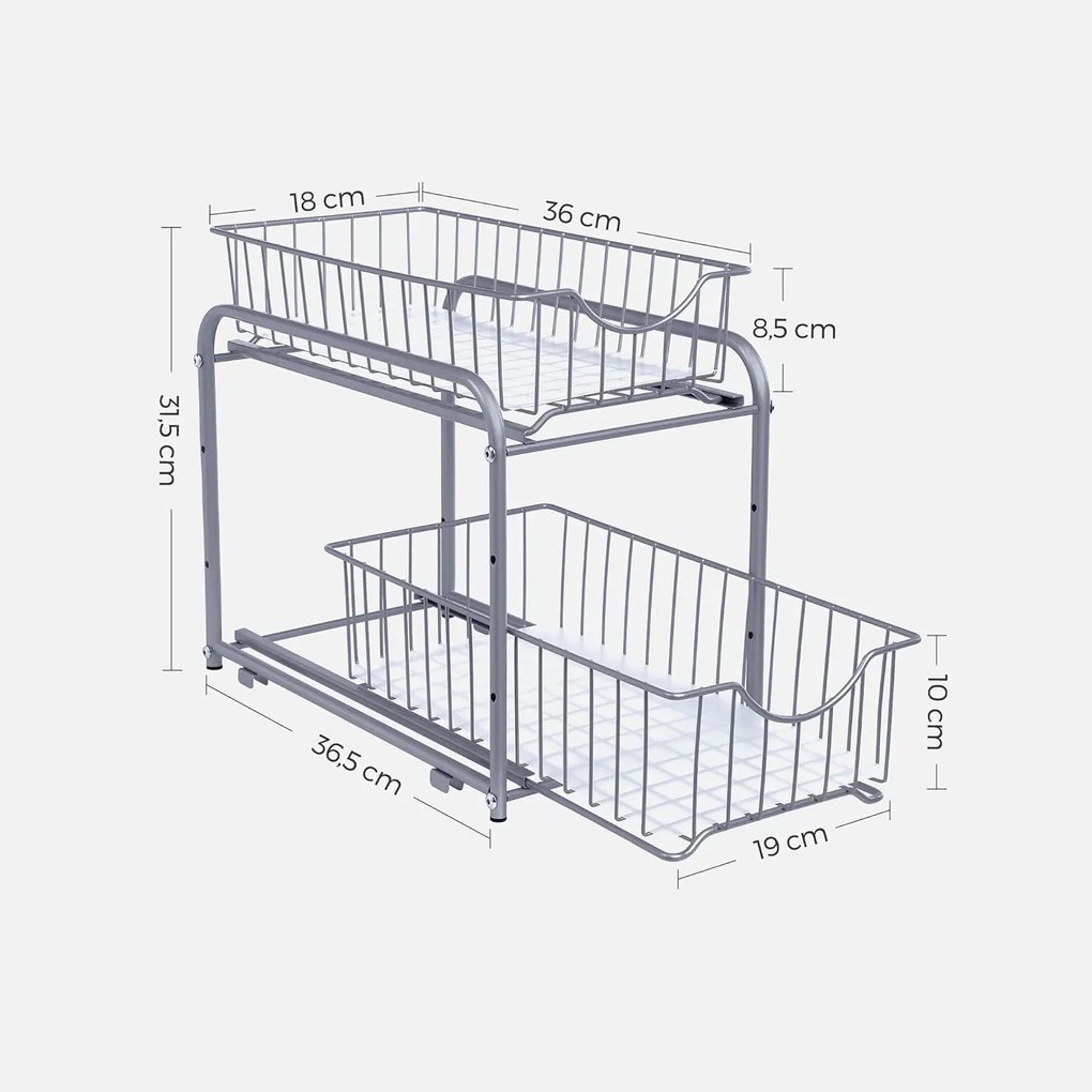 VASHOME kuchyňský organizér, dvoustupňový stohovatelný organizér pod dřez, stříbrný, 36x21x25-31cm