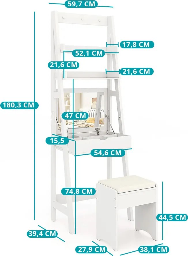 Úzký toaletní stolek se 2 policemi a židlí, 60 x 40 x 180 cm