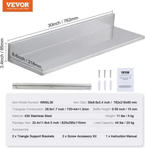 21,8 × 76,2 cm police z nerezové oceli, nástěnná plovoucí police s backsplash