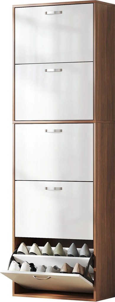 HOMCOM Úzký a úsporný obuvník na 5 pater pro maximálně 30 párů se 2 policemi na úroveň, MDF obuvník, 60x28x189 cm, bílá a hnědá | Aosom