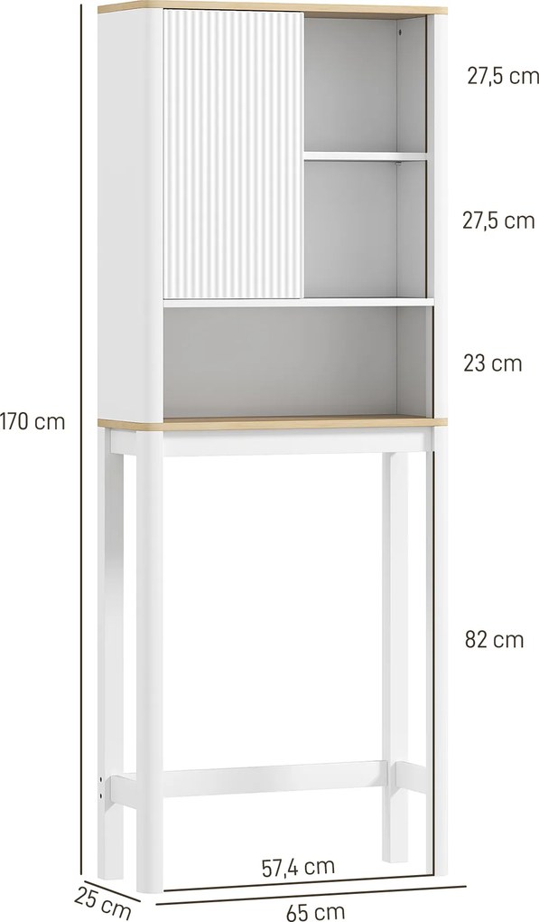 HOMCOM skříňka nad toaletu s drážkovanými dveřmi, přihrádkami a nastavitelnou policí, 65 x 25 x 170 cm, bílá