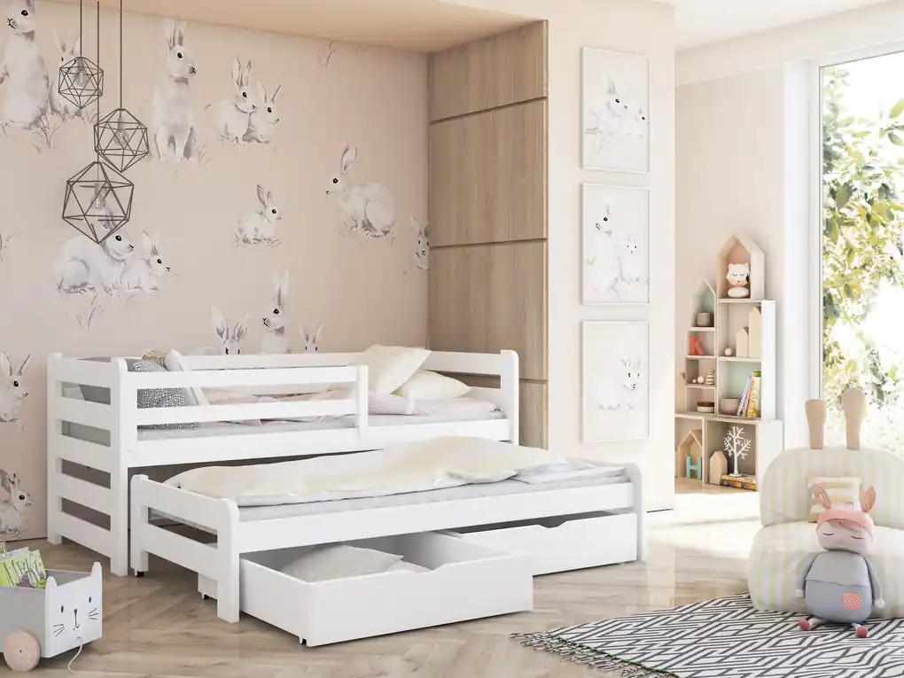 Dětská postel z masivu borovice SANDRA s přistýlkou a šuplíky - 200x90 cm -  BÍLÁ | BIANO