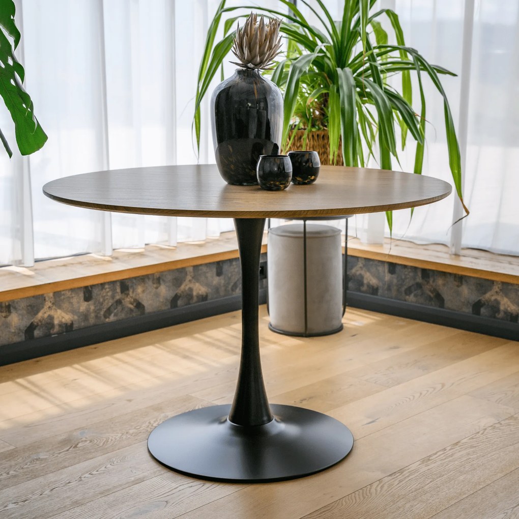 Jídelní stůl, kulatý, dub/černá, průměr 110 cm, REVENTON NEW