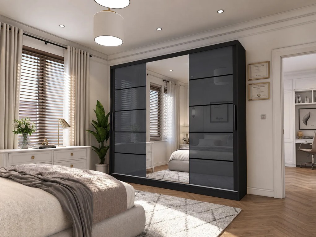 Šatní skříň 232 cm Belini černý mat / šedý lesk s posuvnými dveřmi zrcadlem a zásuvkami MGB SZP8/0/B/2S1L/KLP