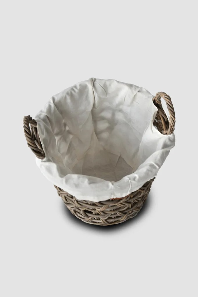 Vingo Úložný ratanový koš s bílou textilií, kulatý – šedý Rozměry (cm): průměr 42, v. 32