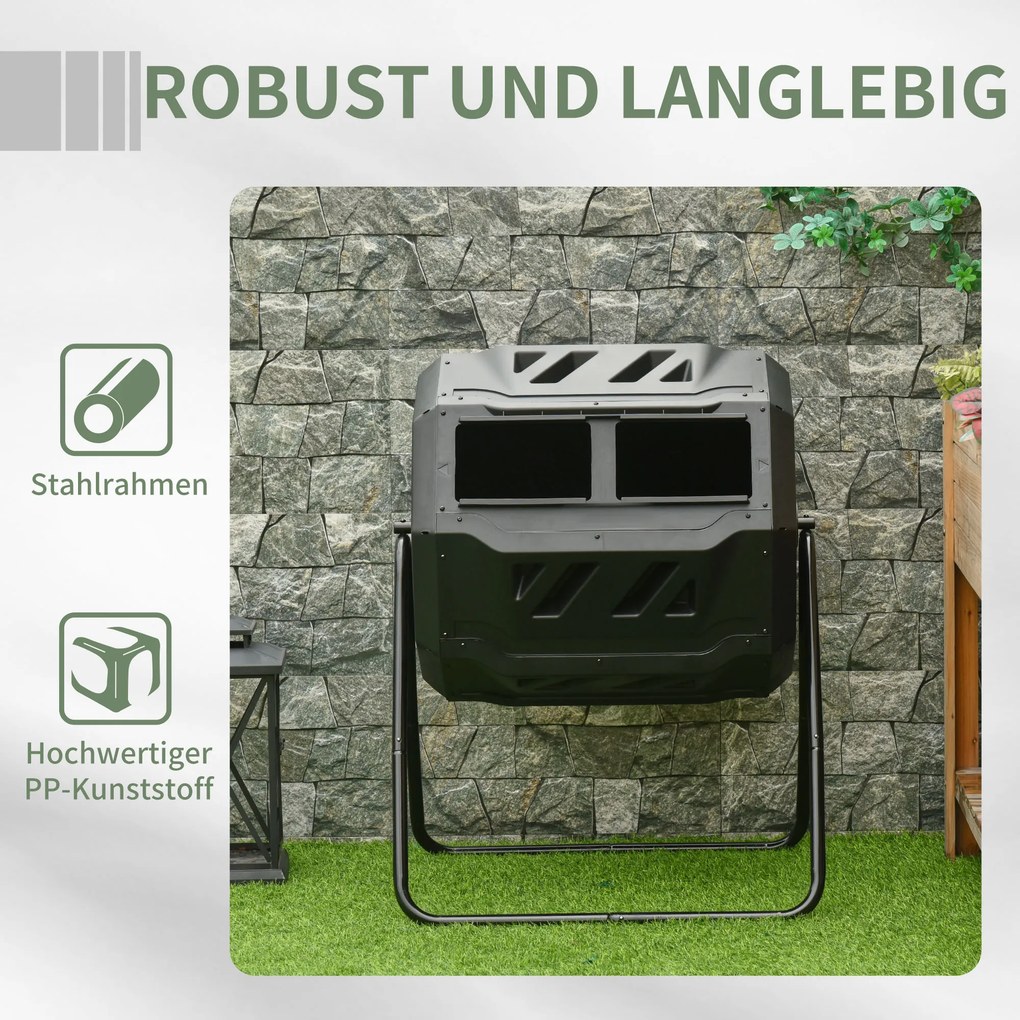 Outsunny 160L Dvoukamerový zahradní rotační kompostér s ventilačními otvory a ocelovými nohami 71x65x96 cm Černý