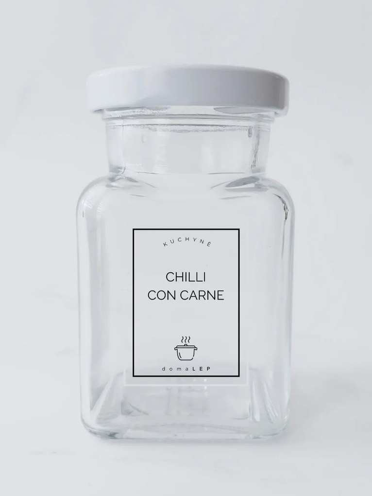 Samolepka na kořenky CHILLI CON CARNE průhledná 3 × 4 cm základní písmo