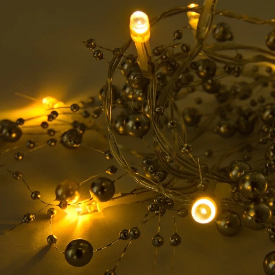 LED světýlka na baterie, perly stříbrné, 1,3 m, teple bílá, 10 diod, čirý kabel, IP20 interiér, 2 × AA