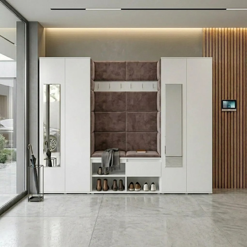 Předsíňová stěna Trinity 10 s čalouněnými panely, 280 cm, bílá / světle hnědá