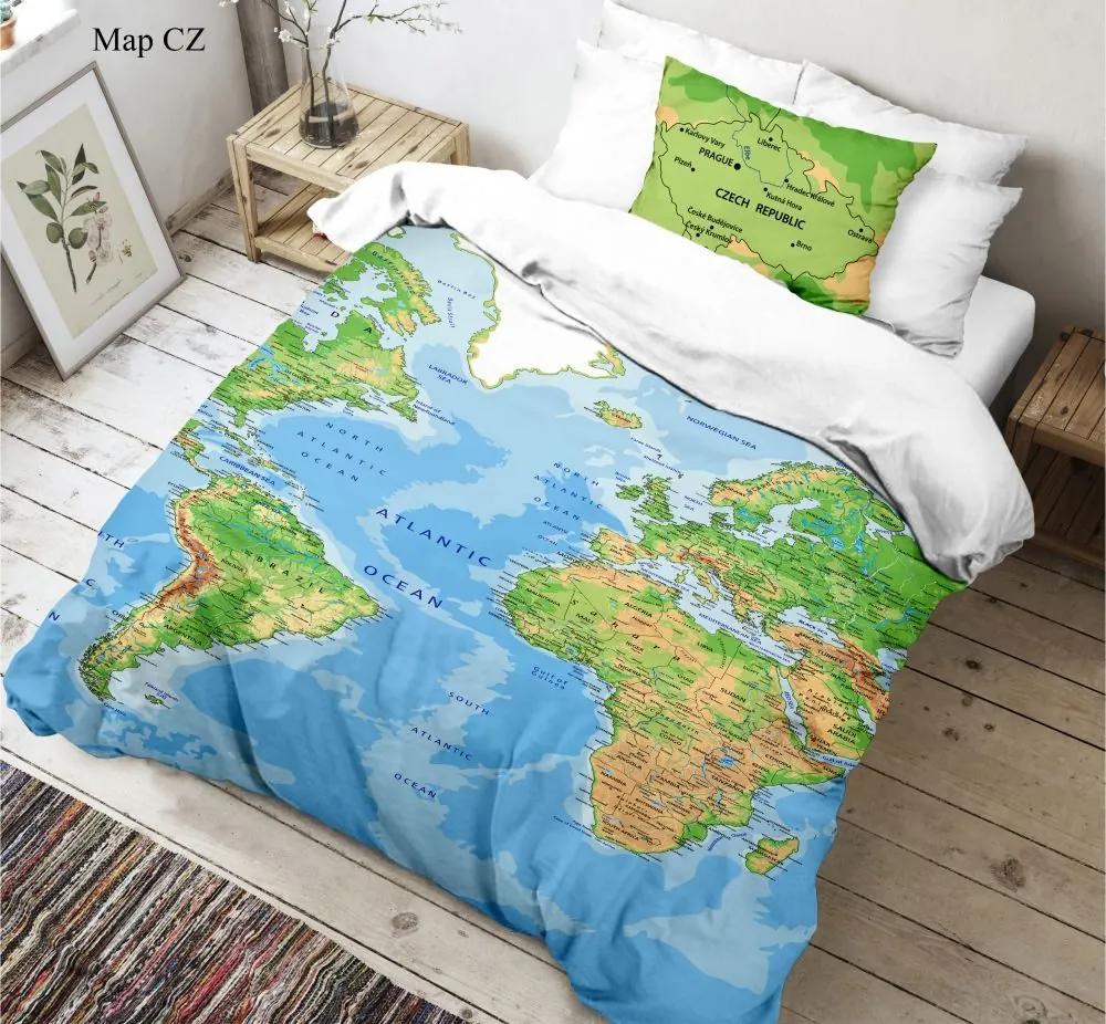 Bavlněné 3D povlečení 140x200, 70x90 cm - Mapa světa
