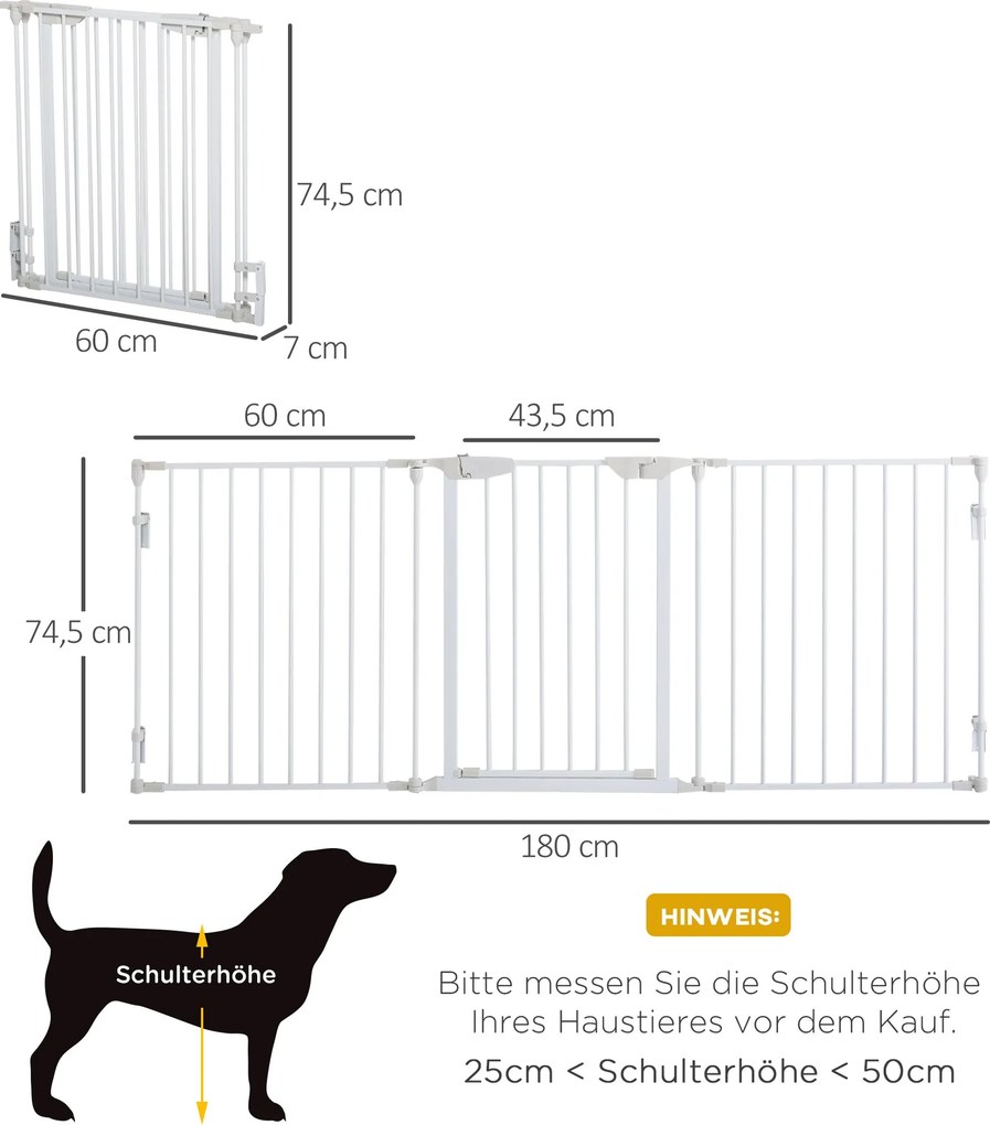 PawHut Dveřní ochranná brána pro psy 3 prvky včetně bezpečnostních dveří, montáž na zeď pro krb a troubu, bílý kov 180 x 3 x 74,5 cm
