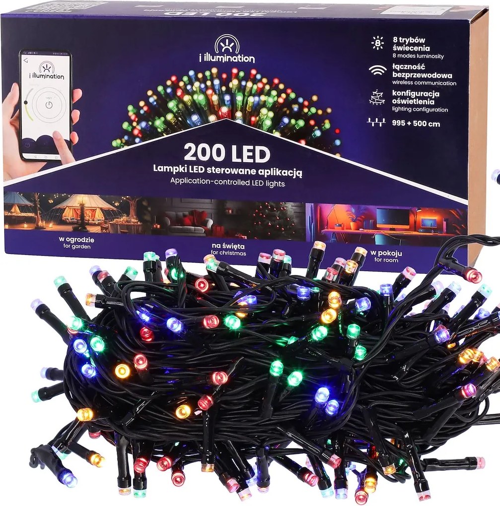 JU Světelný řetěz SMART s 200 LED, vícebarevný, napájení ze sítě, venkovní použití