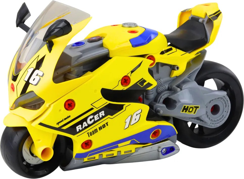 LEAN Toys Rozebíratelný motocykl 2v1 DIY dílna světla zvuky kouř žlutý 43 cm