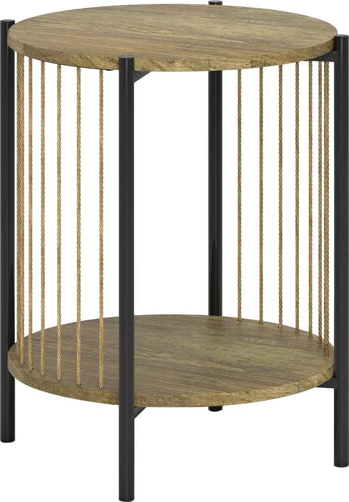 HOMCOM kulatý odkládací stolek se 2 patry a kovovou konstrukcí do obývacího pokoje nebo ložnice 43,5x43,5x51 cm, přírodní