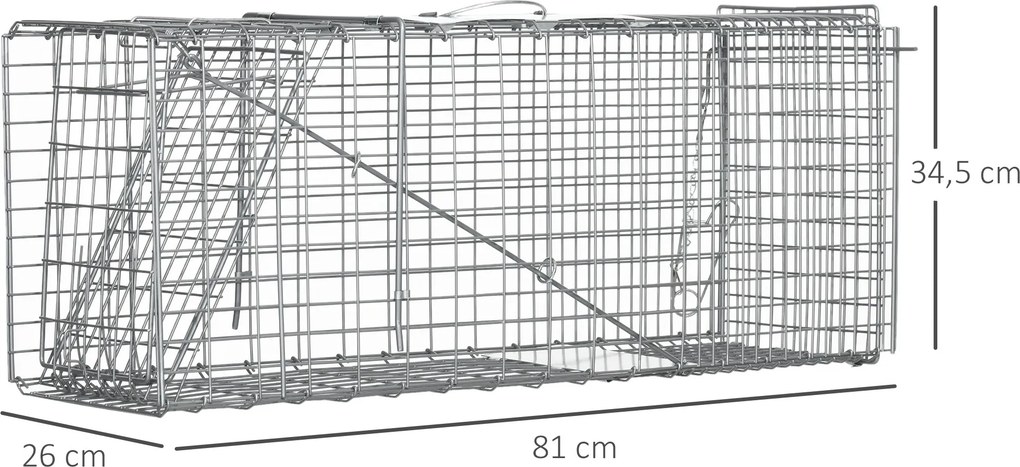 Outsunny Skládací Pasti na Živé Zvířata 81x26x34,5 cm Drátěná Chytací Klec s Dveřmi a Rukojetí pro Králíky, Kočky, Potkany a Hlodavce Stříbrná