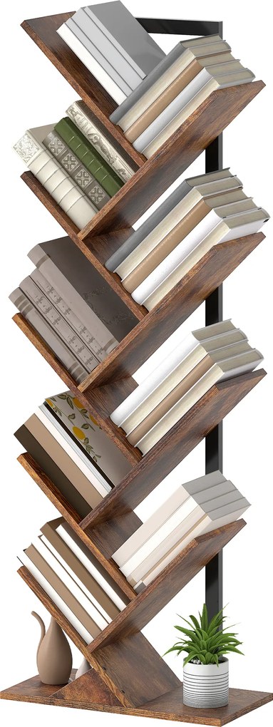 HOMCOM 9patrová stromová knihovna, průmyslový úložný nábytek s ocelovým rámem, 50x24x136 cm, rustikální hnědá