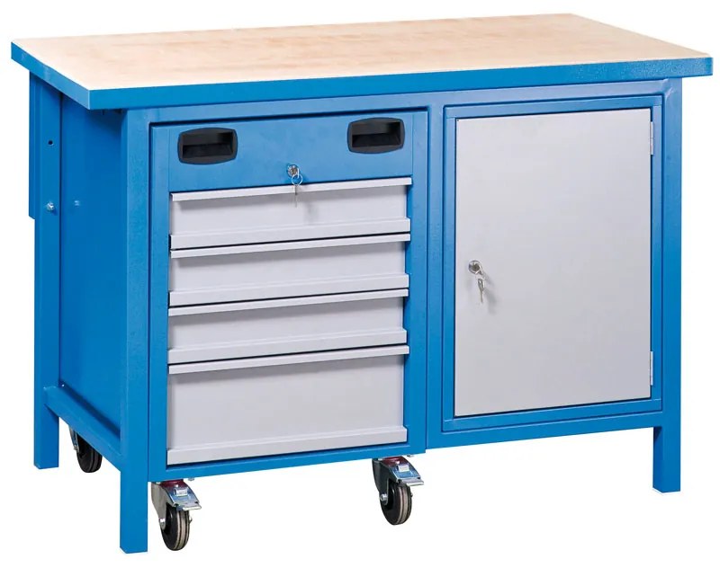 Dílenský pracovní stůl GD s pojízdným boxem na nářadí, 4 zásuvky, 1 skříňka, 1190 x 600 x 850 mm, modrá