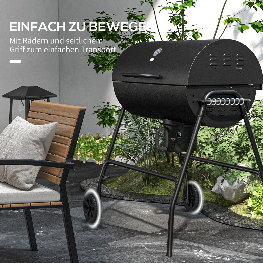 Kovový gril na dřevěné uhlí BBQ udírna s víkem Teploměr Kolečka Grilovací vozík 95x71,5x102 cm Černá barva