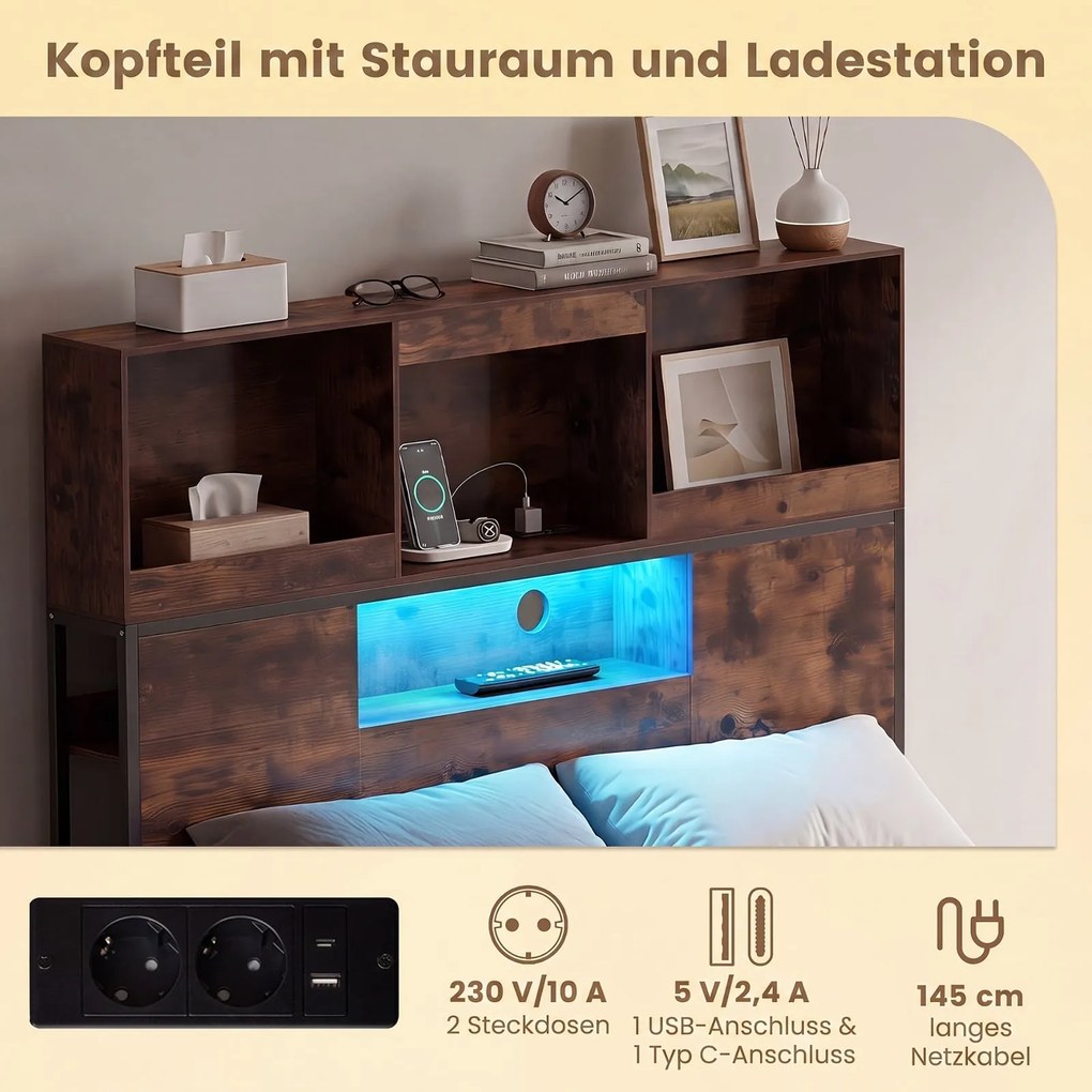 Costway Kovová postel 140 × 220 cm s LED a nabíjením, hnědá
