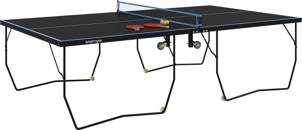 SPORTNOW venkovní stůl na stolní tenis, skládací stůl na stolní tenis se síťkou, kolečky, 2 pálkami na stolní tenis a 3 míčky, ocel, černý, 274 x 152…