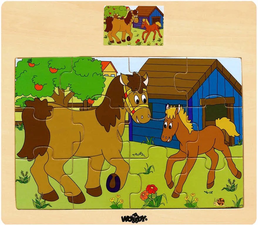 WOODY DŘEVO Puzzle na desce Zvířátka domácí s mláďátky 6 druhů 93010