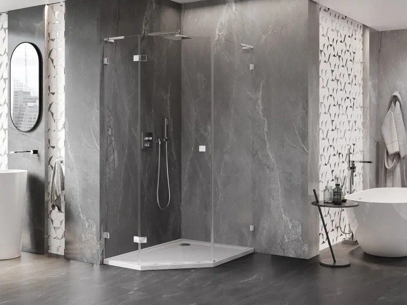 Mexen Lunar, L pětiúhelníkový sprchový kout naklápěcí doleva 80 x 100 cm, 8mm čiré sklo, chromový profil, 831L-080L-100P-01-00-L