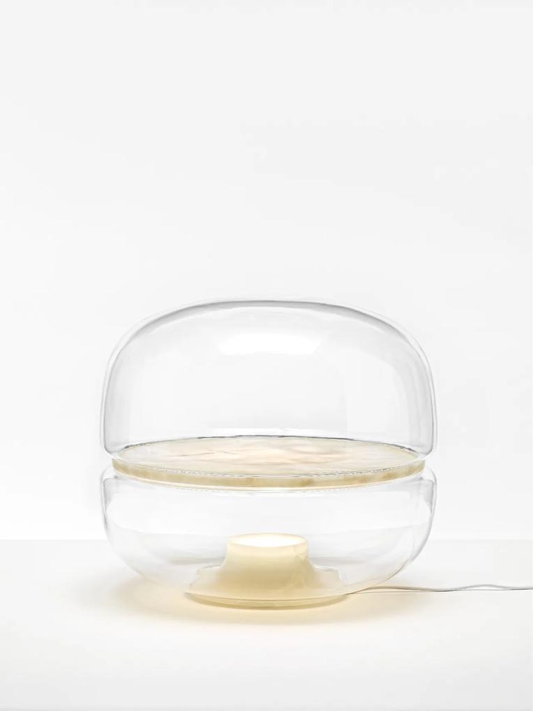 Designová stolní lampa Brokis Macaron L, PC1040 Barva skla: Amber - transparentní sklo, Základna: Dub evropský - bíle mořený (CSFB1575), Disk: BROKISGLASS - triplex opál mat (CSOP1578)