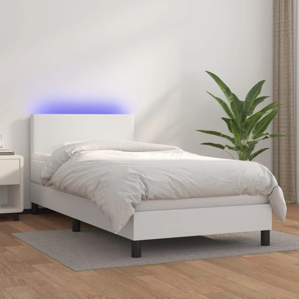 Box spring postel s matrací a LED bílá 90x200 cm umělá kůže 3134082