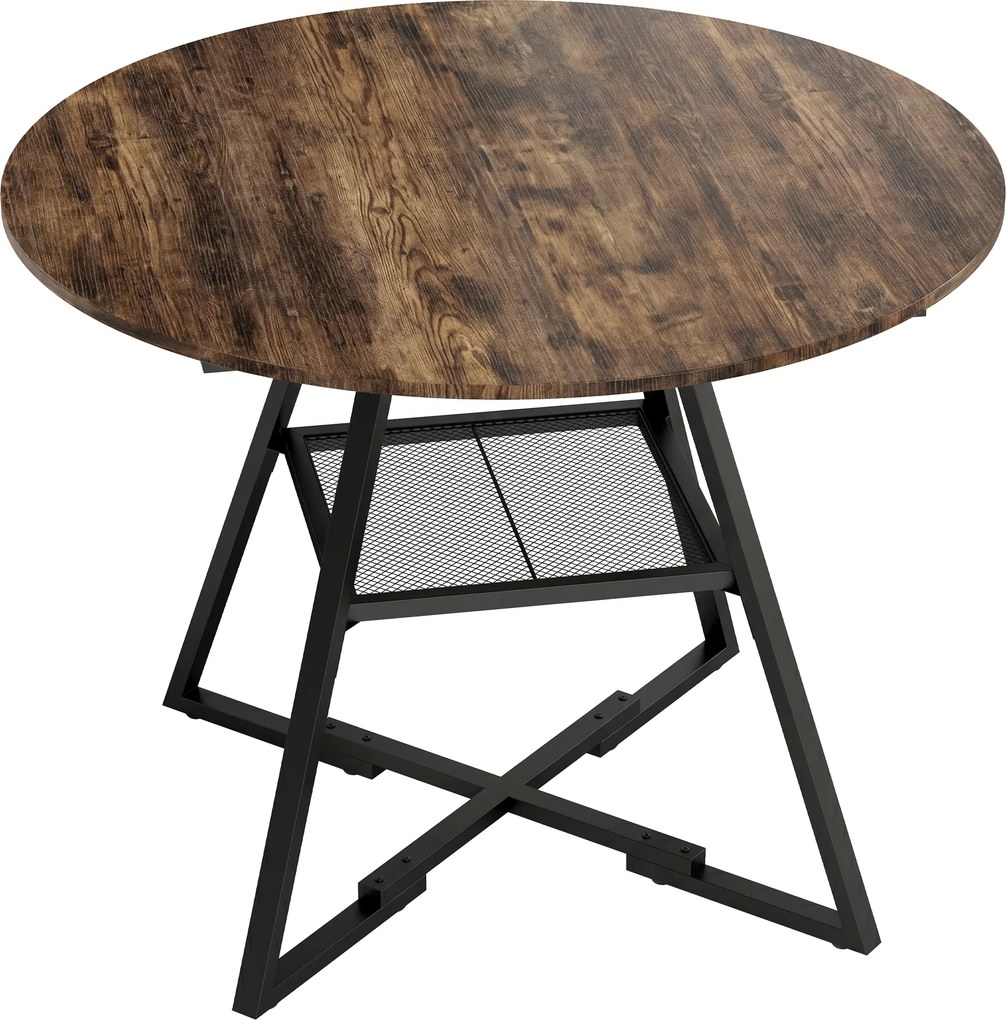 HOMCOM kulatý jídelní stůl pro 4, průměr 100 cm × výška 76 cm, industriální, velká deska a odkládací police, kovový rám, rustikální hnědá