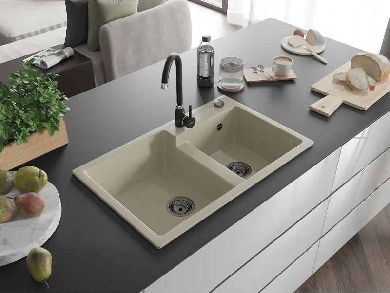 Mexen Tomas, granitový dřez 800x500x190 mm, 2-komorový, béžová s černým sifonem, 6516802000-69-B