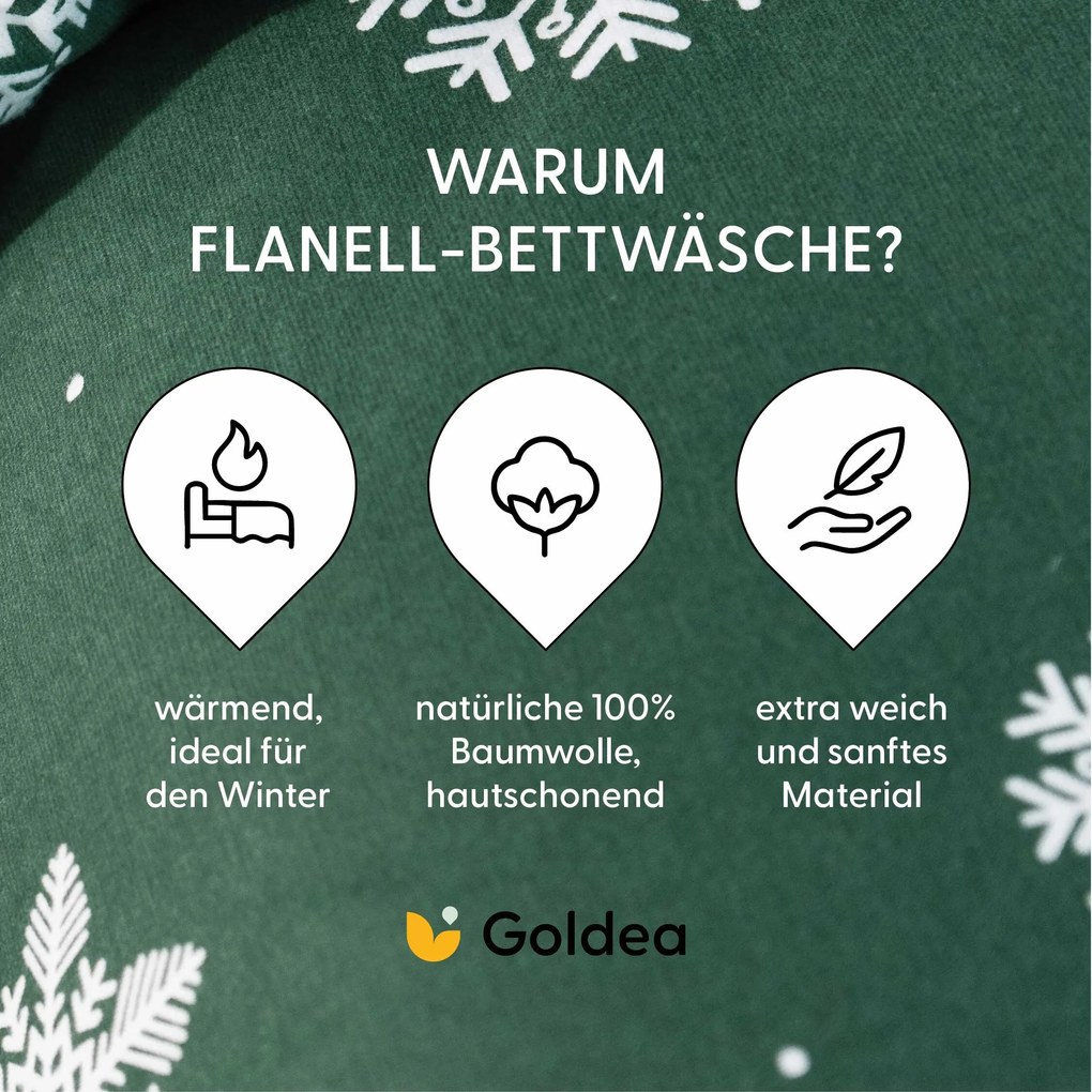 Goldea flanelové povlečení - sněhové vločky na zelené 140 x 220 a 70 x 90 cm