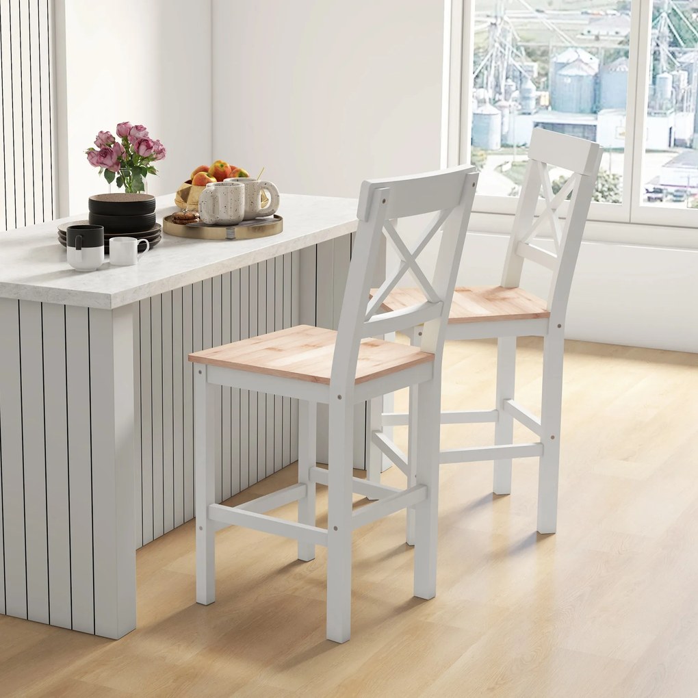 HOMCOM Set 2 Barových Židlí Vysoký Sedák 60,2 cm Dřevěné Kuchyňské Židle s Opěrkou a Podnožkou Nosnost 120 kg pro Jídelnu a Obývací Pokoj Přírodní a …
