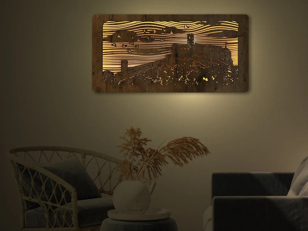 Li-Go "Bezděz" světelný obraz s baterií 100x50cm varianta: ovládání na obraze včetně dálkového ovladače, provedení: dub světlý
