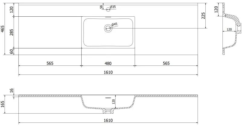 Mexen Otis, umyvadlo zapuštěné do desky, 161 × 46,5 cm, bílá matná, 25181601