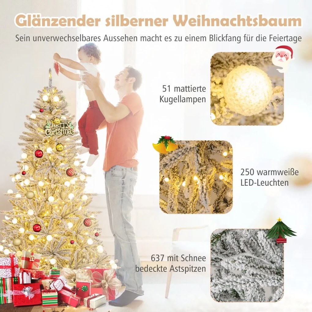 Costway 180 cm zasněžený umělý vánoční stromek s 51 kulovými lampami 250 teplá